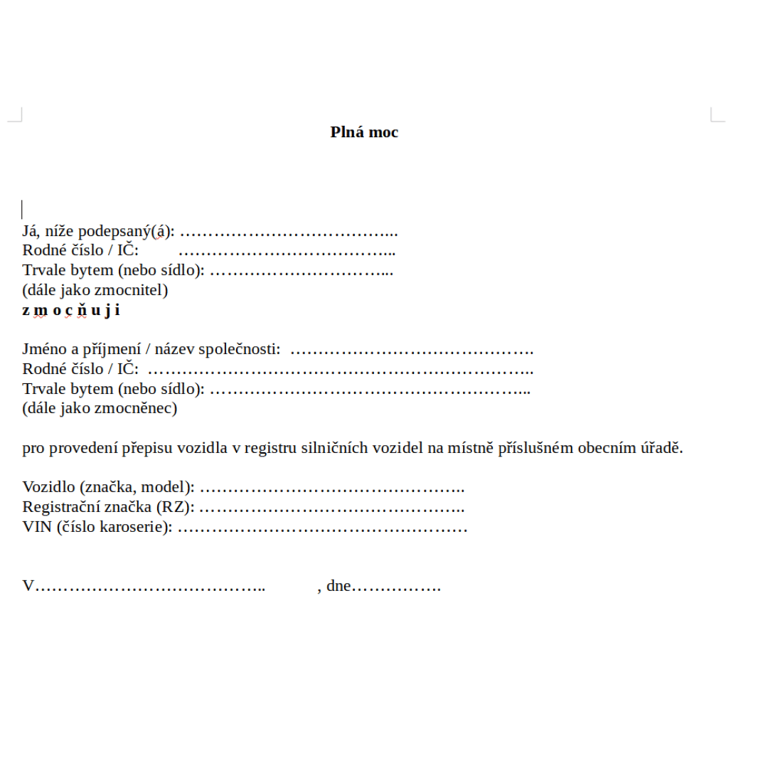 Plná moc k přepisu vozidla - Pojištění.cz